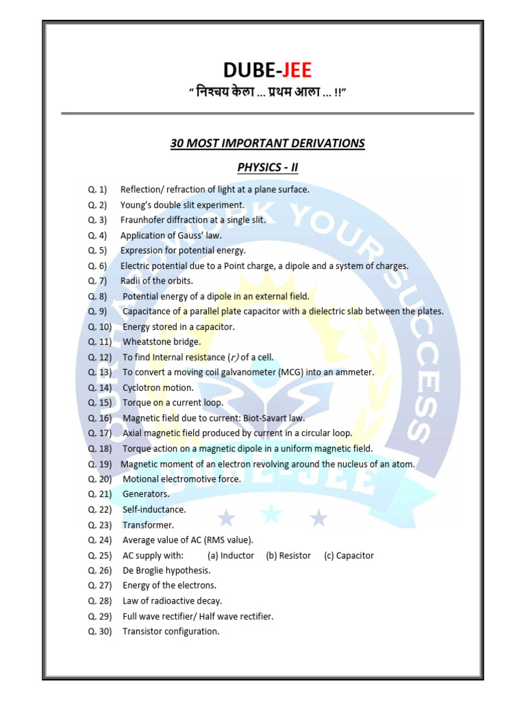 30 Most Imp Derivations Physics 2 | PDF
