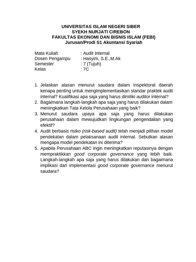 Soal Uts - Audit Internal - Kelas 7c - Akt Syariah - Febi - Iain Syekh ...