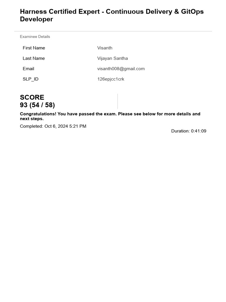 Score Report For Harness Certified Expert - Continuous Delivery & GitOps Developer | PDF