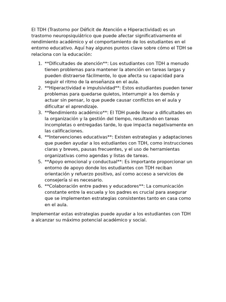 TDH y su Impacto en la Educación | PDF