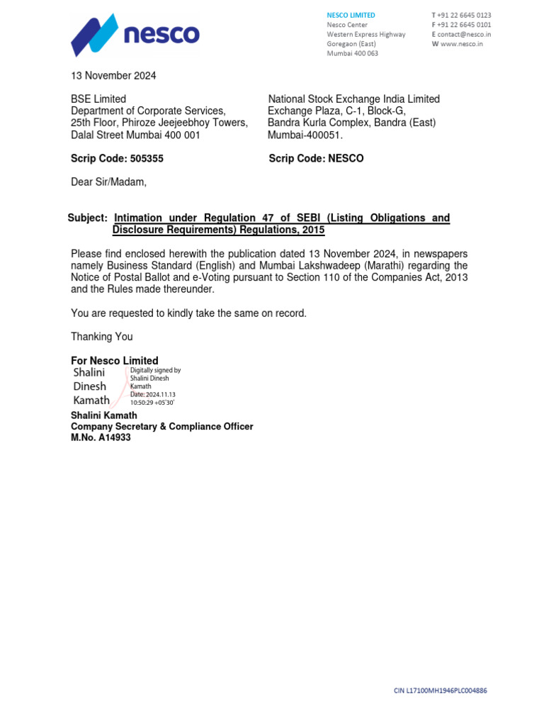 NESCO Limited Postal Ballot Notice 2024 | PDF | Taxes | Earnings Per Share