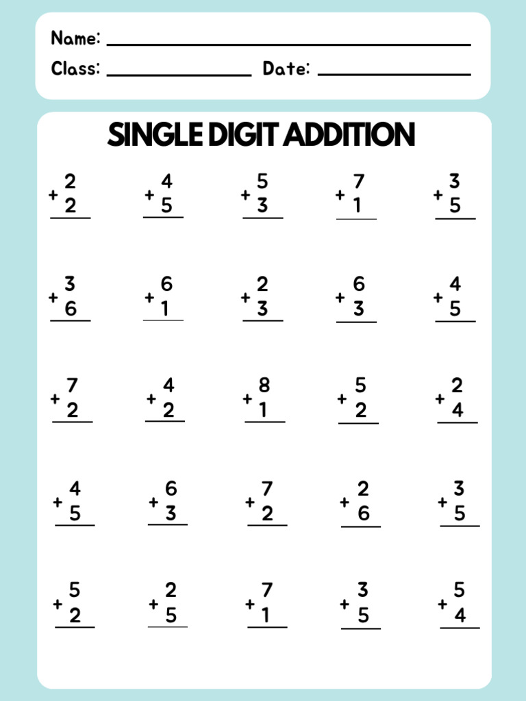 Single Digit Addition Practice Sheet | PDF