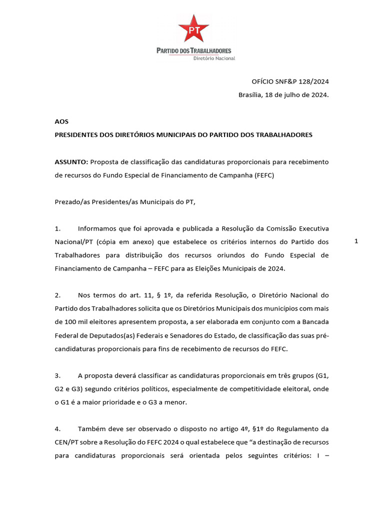 Ofício - Secretaria de Finanças DNPT - Informação G1, G2 e G3 FEFC ...