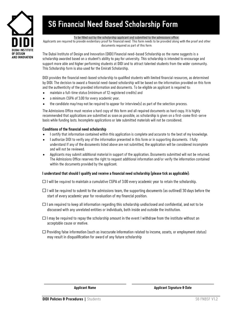 S6 Financial Need Based Scholarship Form | PDF | Audit | Salary