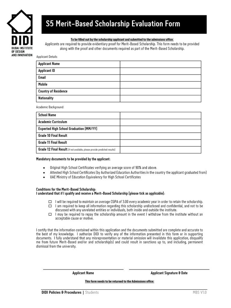 S5 Merit Based Scholarship Form | PDF