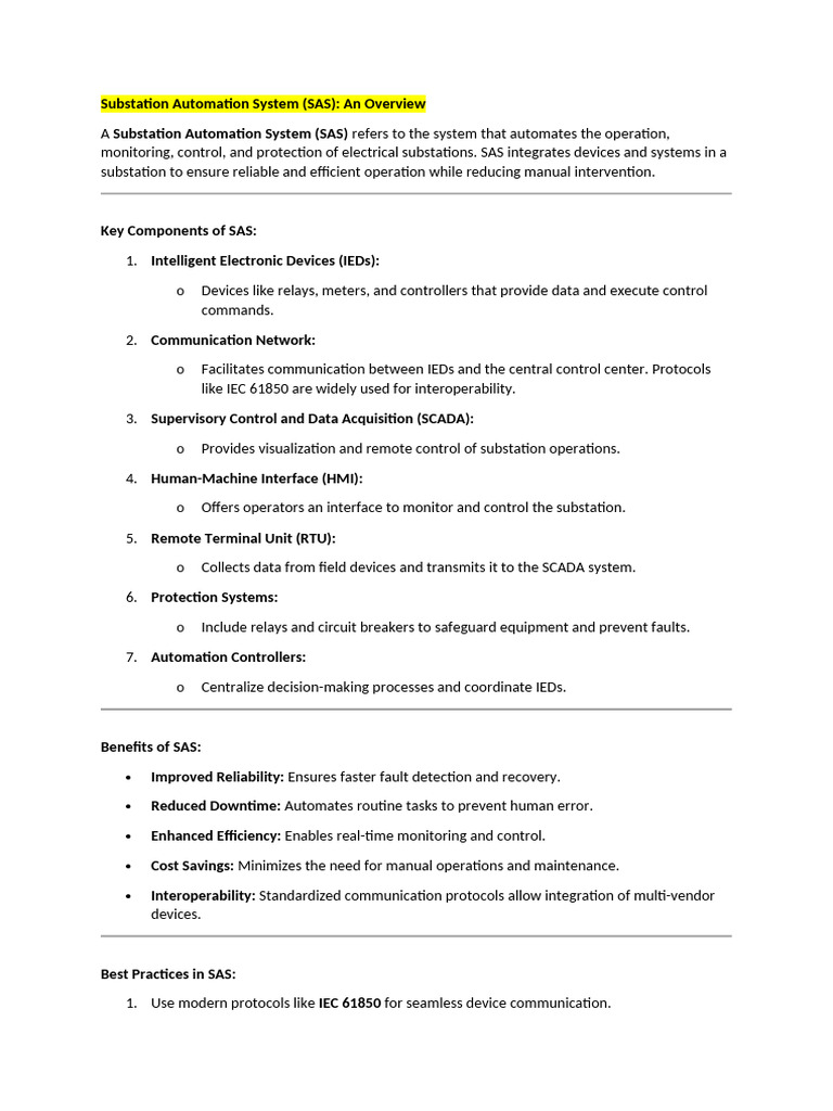 SAS NOTE | PDF | Electrical Substation | Automation