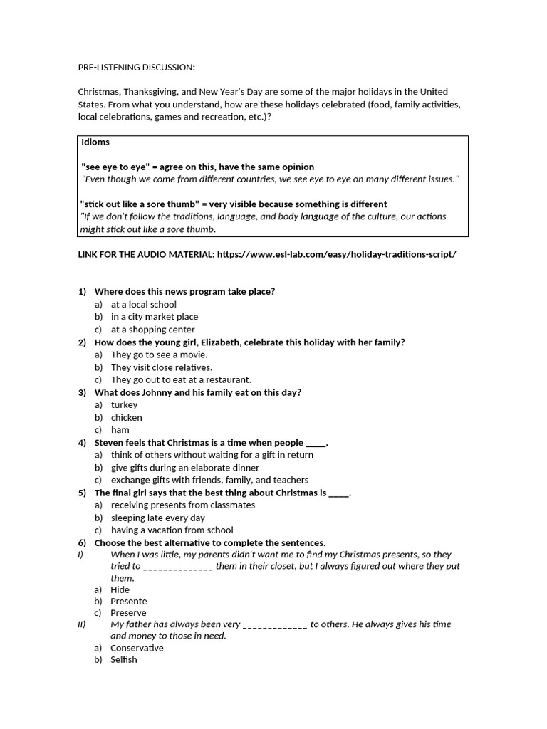 Holiday Traditions Discussion Worksheet | PDF | Christmas | Holidays