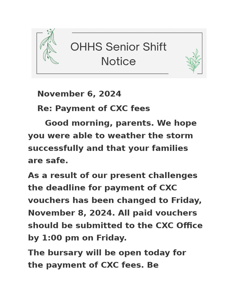 CXC Fees Payment Deadline Update | PDF