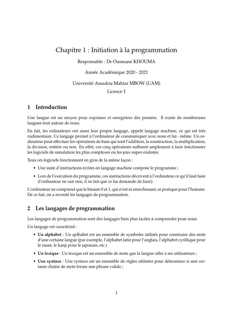 chapitre 1 Initiation programmation | PDF | Programmation informatique ...