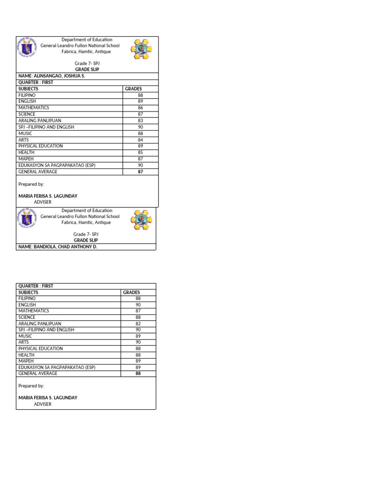 GRADE SLIP 2024-2025 | PDF