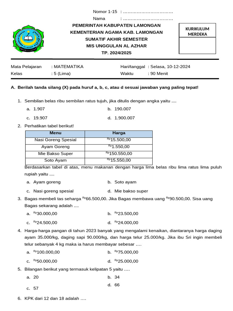 Soal Asas Ganjil Matematika Kelas 5 | PDF