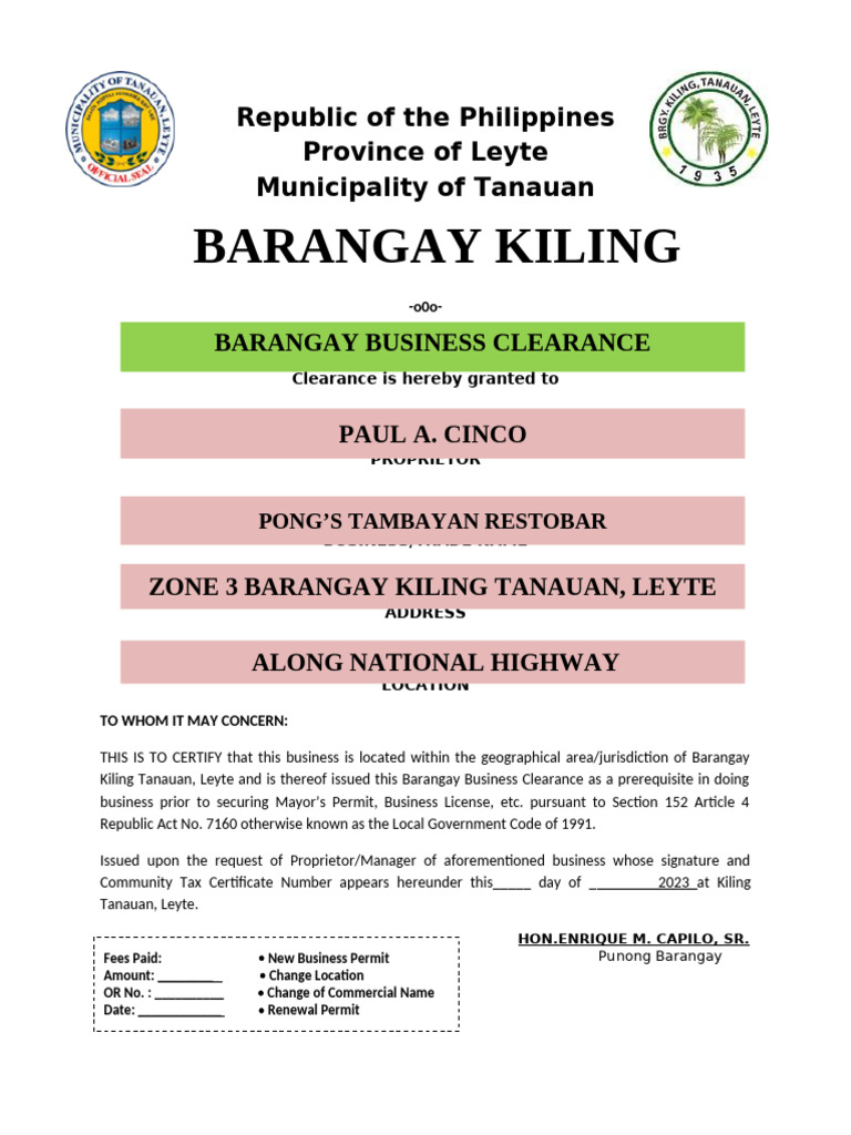 Barangay Business Clearance Tanauan Leyte | PDF