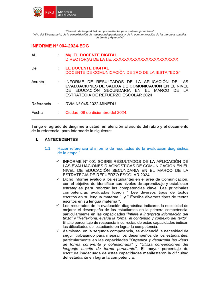 ANEXO 6 - Docente 3ro Comunicación - Informe Resultados de La Evaluación de Salida Cierre de La ...