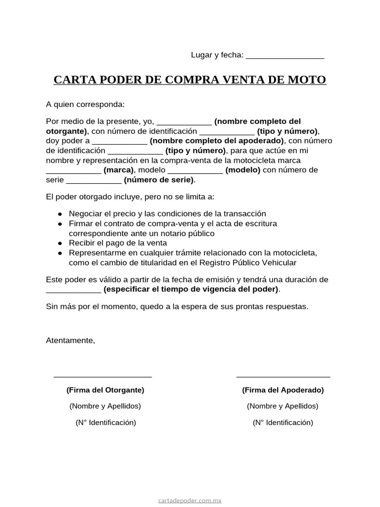 Carta Poder de Compra Venta de Motocicleta | PDF