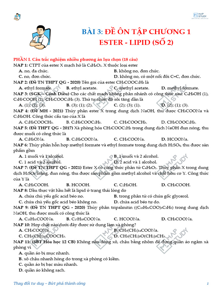 BÀI 4. ĐỀ ÔN TẬP CHƯƠNG 1. ESTER - LIPID (SỐ 2) | PDF