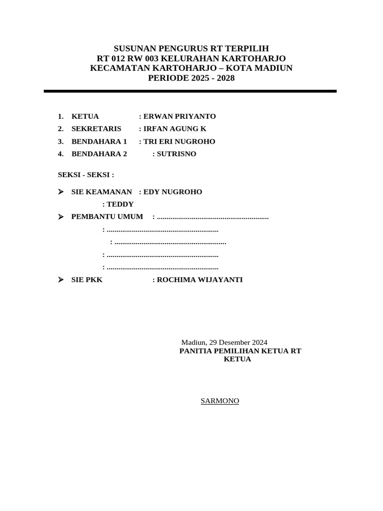Susunan Pengurus RT 12 Terpilih | PDF