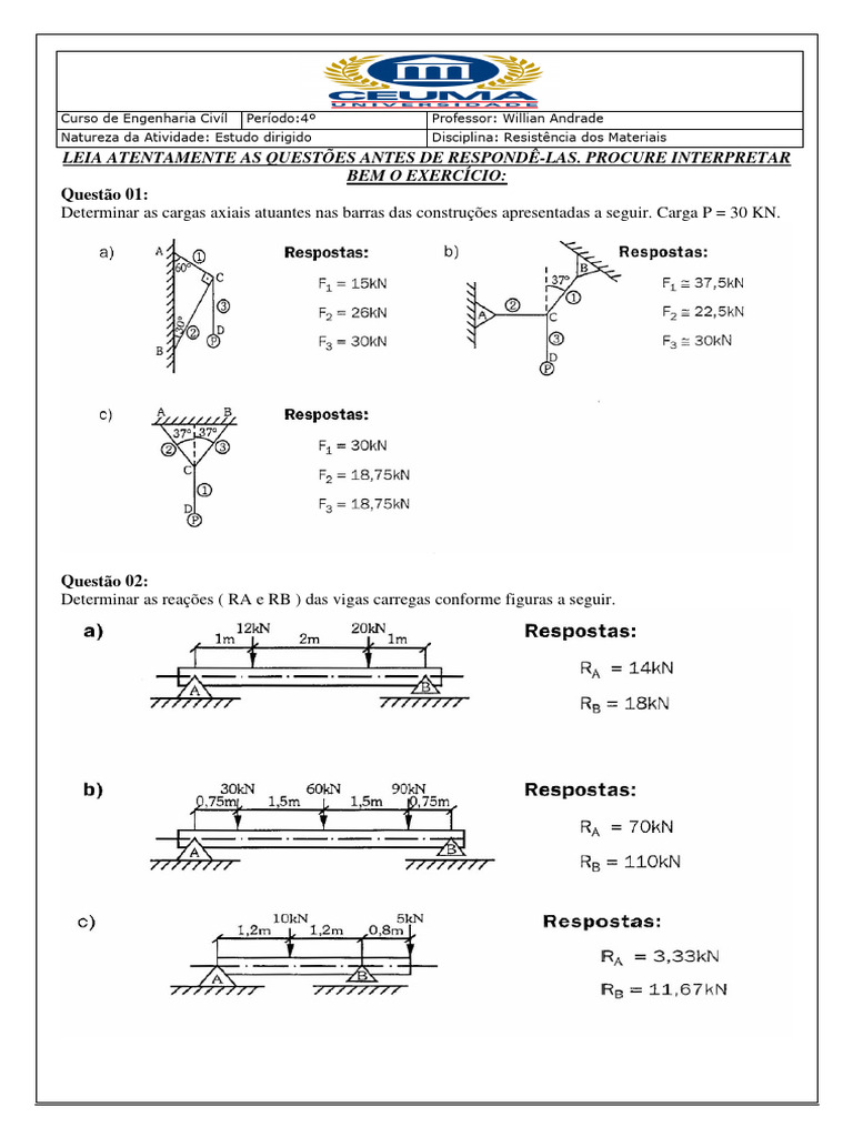1 Lista de Exercicios Resistencia Dos Materiais Compress | PDF