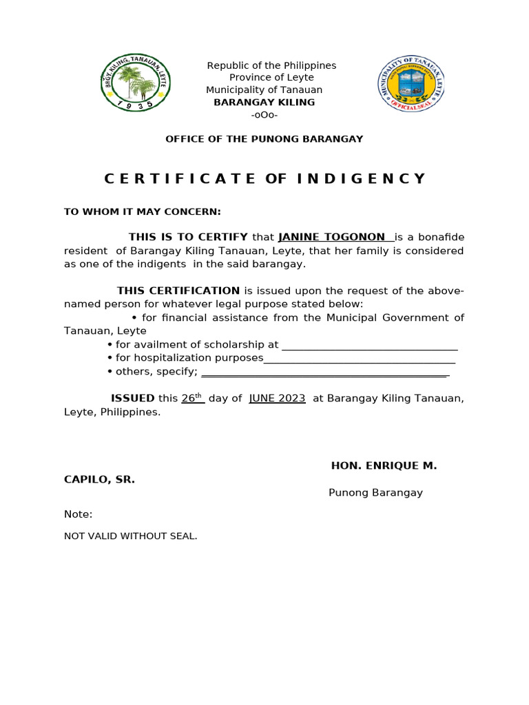 Certificate of Indigency | PDF