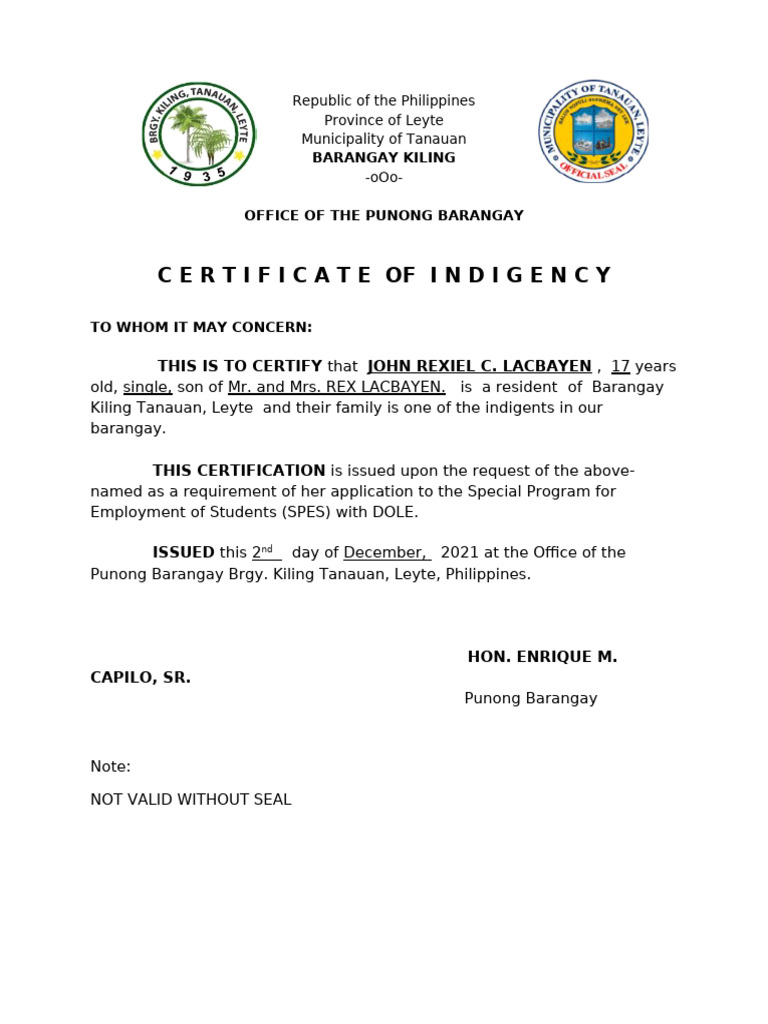 Certificate of Indgency-Spes | PDF