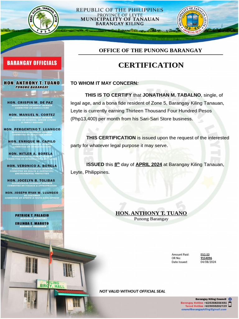 Barangay Certification - Proof of Income | PDF