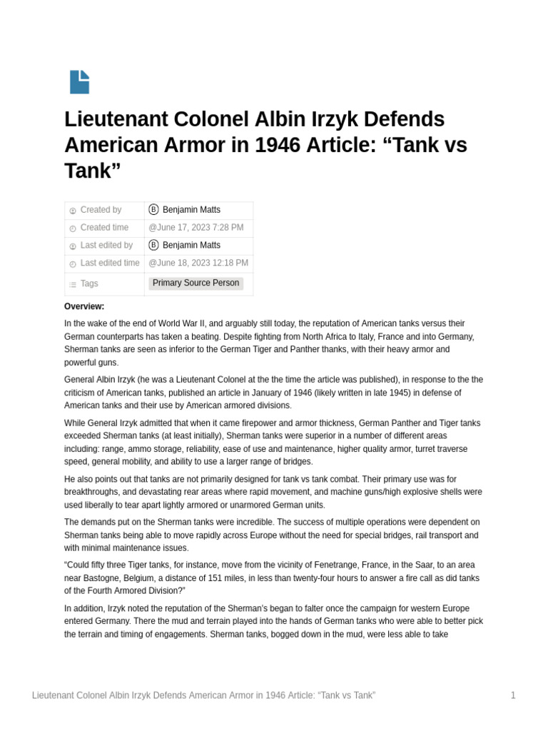 Lieutenant Colonel Albin Irzyk Defends American Armor in 1946 Article ...