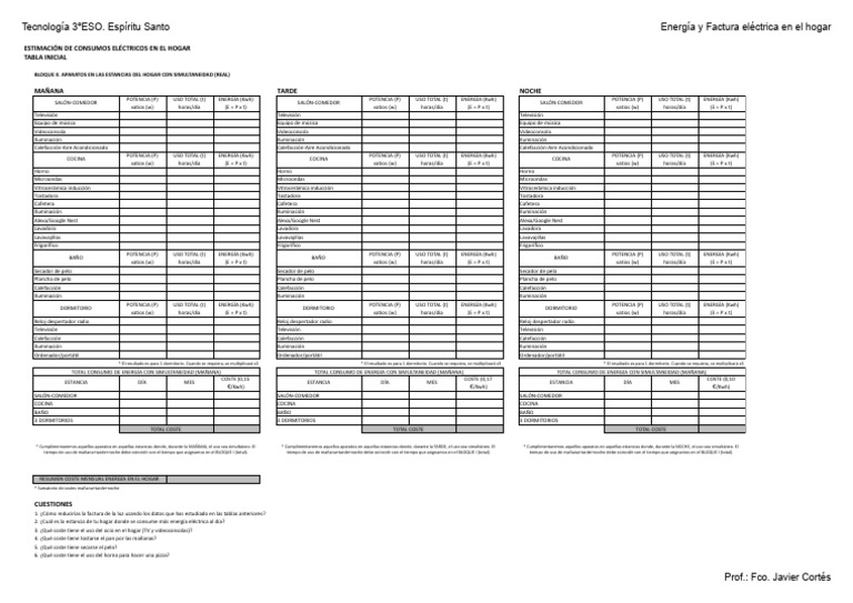 TECNOLOGIA_FACTURA ELECTRICA HOGAR 3ºESO_hoja2-1 | PDF | Vatio | Electricidad