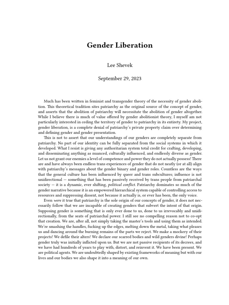 Lee Shevek Gender Liberation | PDF | Patriarchy | Gender