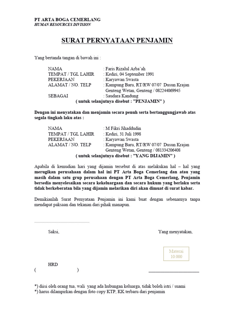Surat Pernyataan Penjamin | PDF
