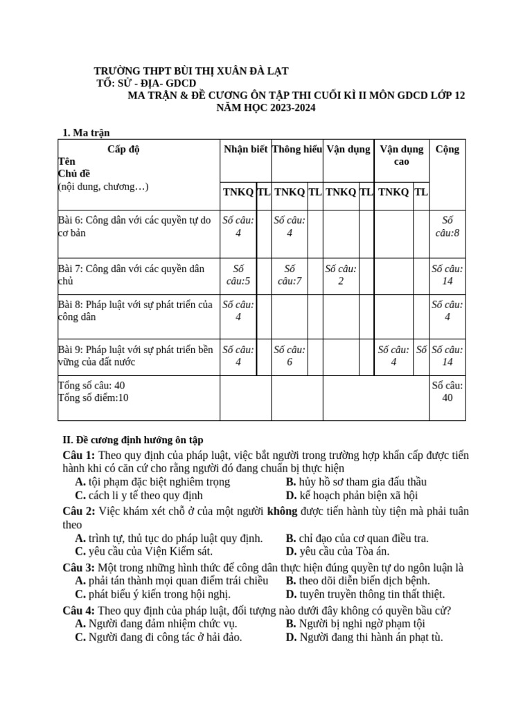 Gdcd - Khối 12 - Đềcương - Ma Trận | PDF