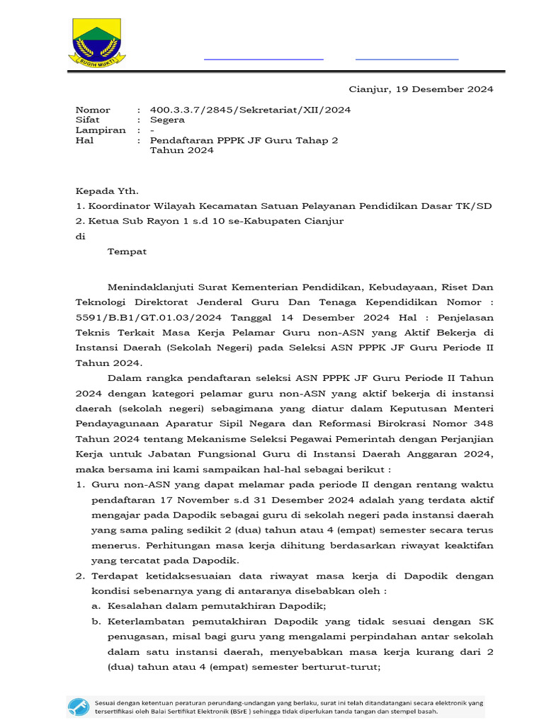 Edaran Seleksi PPPK JF Guru 2024 - DISDIKPORA - Rev1 | PDF