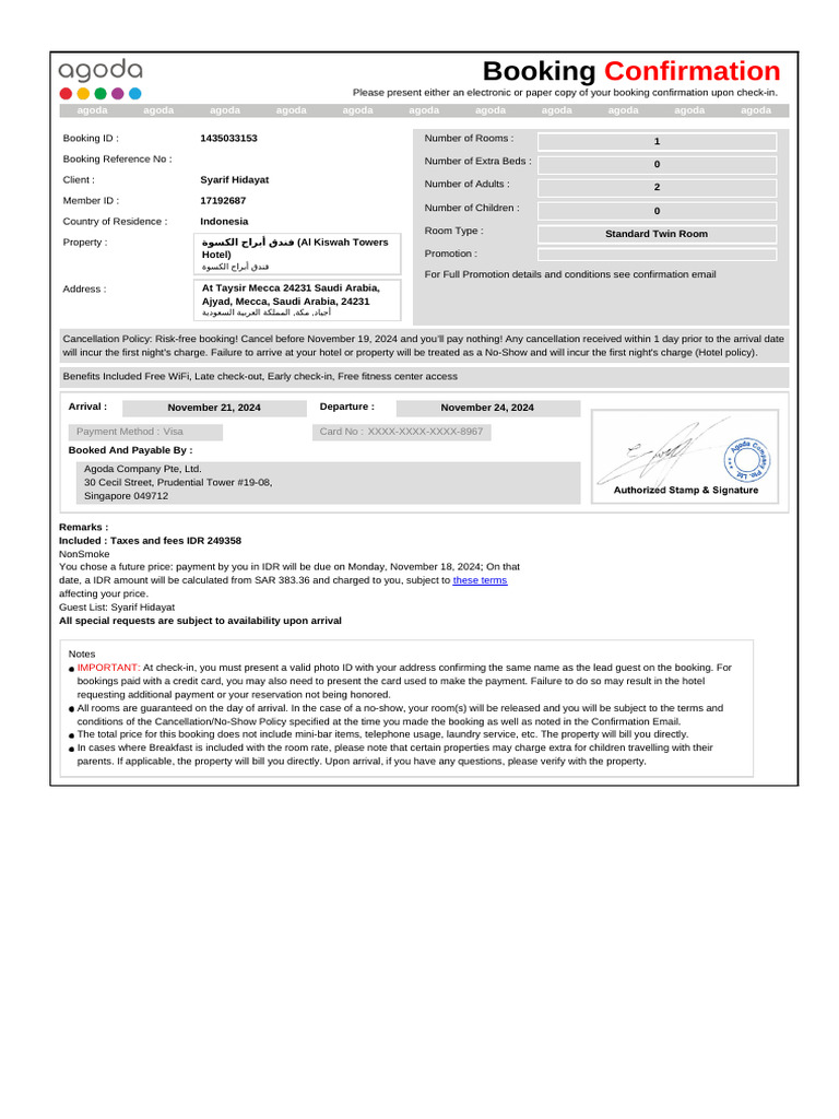 Confirmation_for_Booking_ID_#Hotel-Mekkah 21-24 Nov 2024 | PDF | Payments