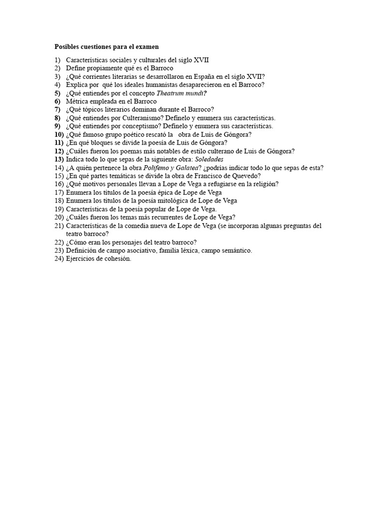 Preguntas Clave sobre el Barroco y Siglo XVII | PDF