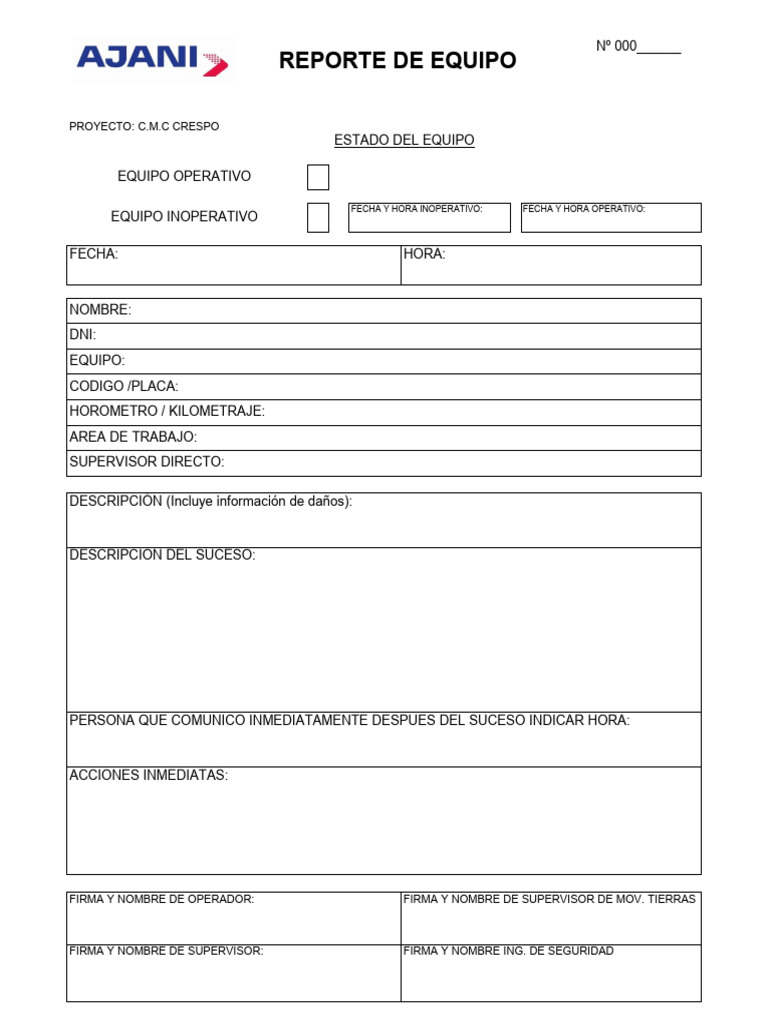 Formato Reporte de Equipos - Ajani | PDF