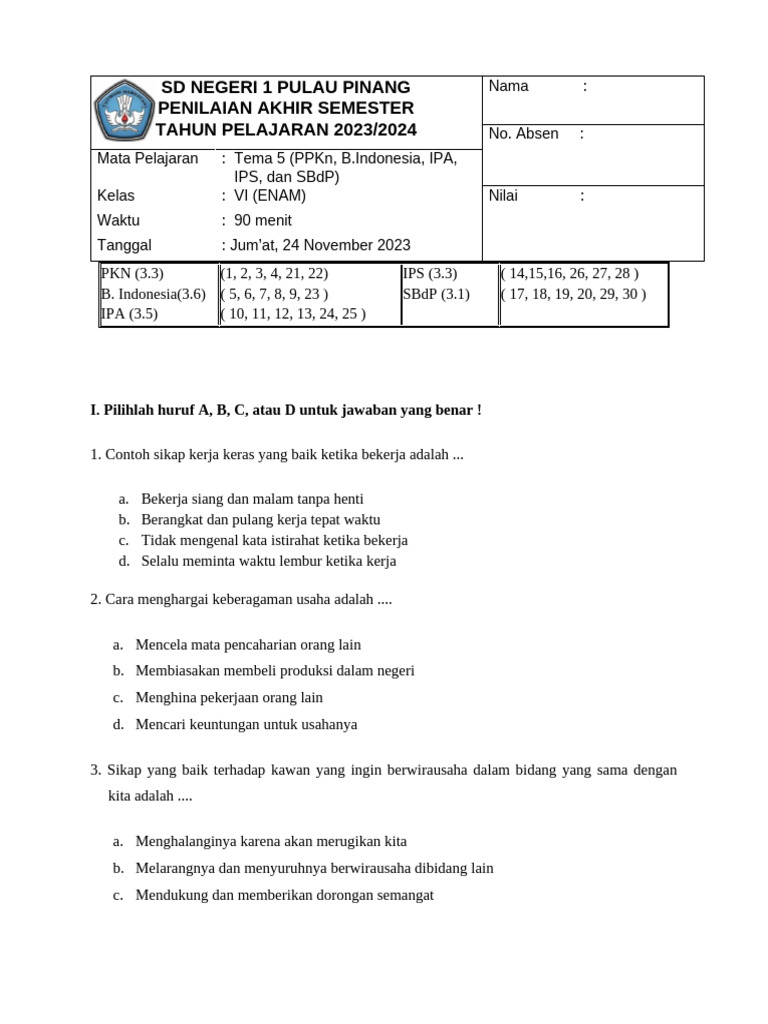 Soal PAS Tema 5 | PDF