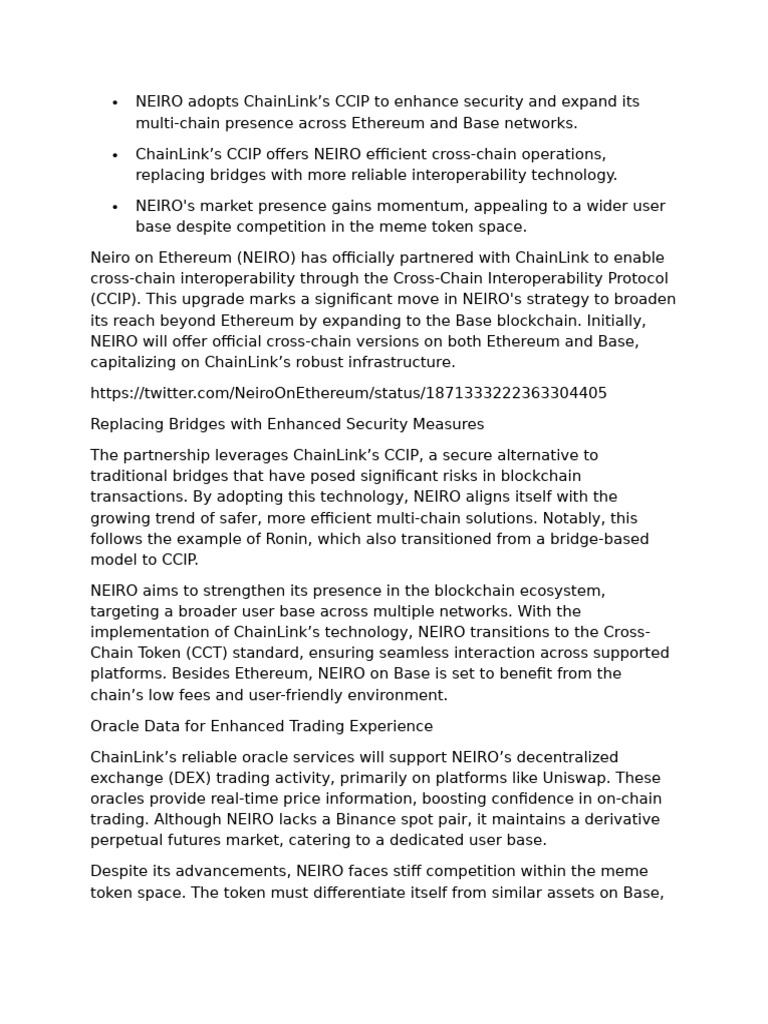 NEIRO Adopts ChainLink | PDF | Cryptocurrency | Interoperability