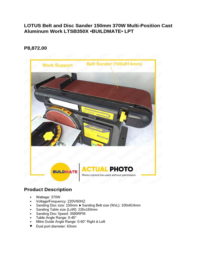 LOTUS 150mm Belt & Disc Sander Specs | PDF | Drill | Battery Charger