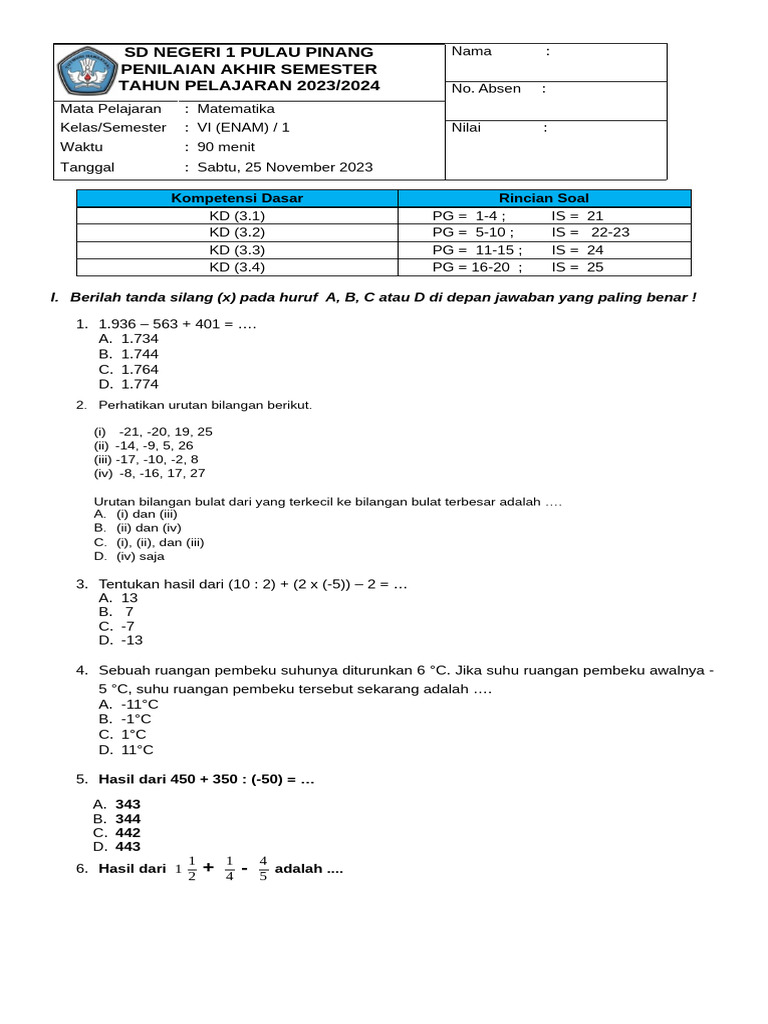 Soal PAS MTK smt 1 | PDF