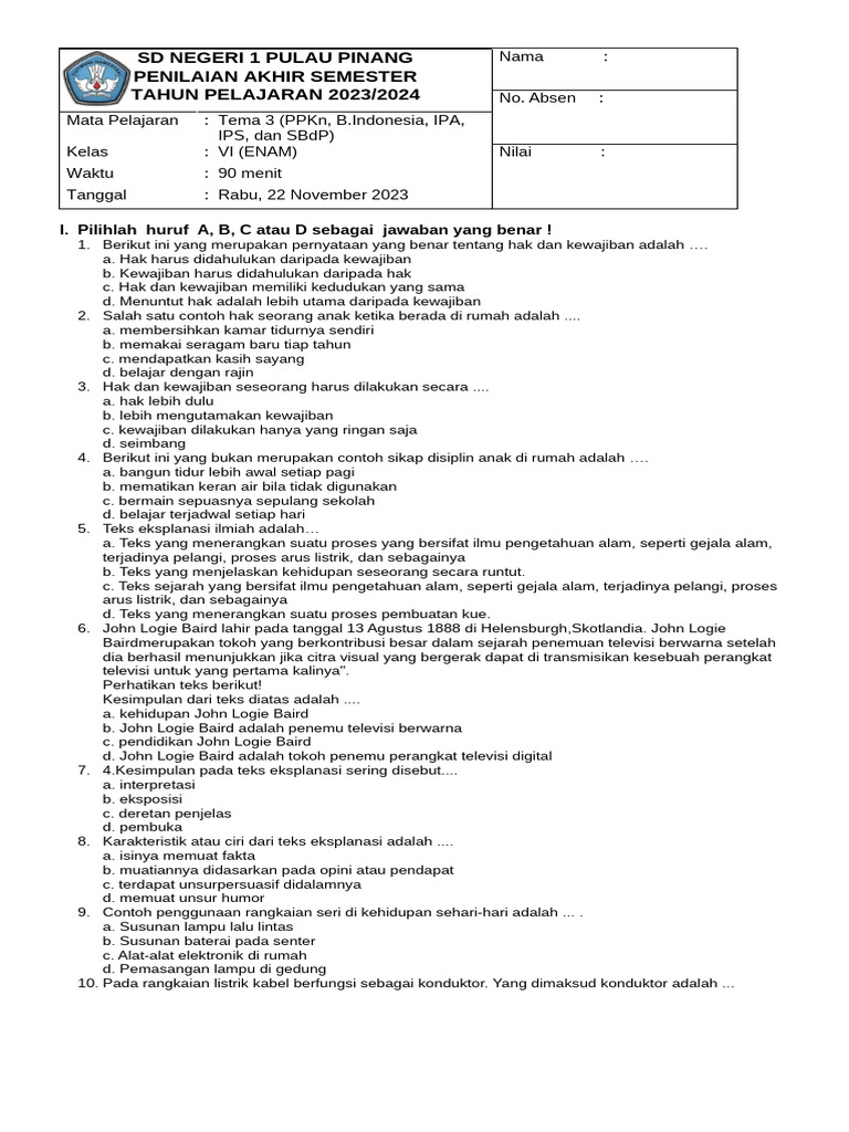 Soal PAS tema 3 | PDF