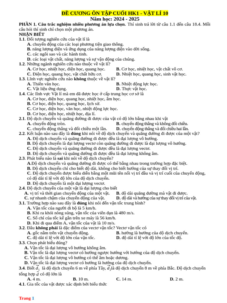 De Cuong On Tap HK1 Vat Li 10 KNTT 24 25 | PDF