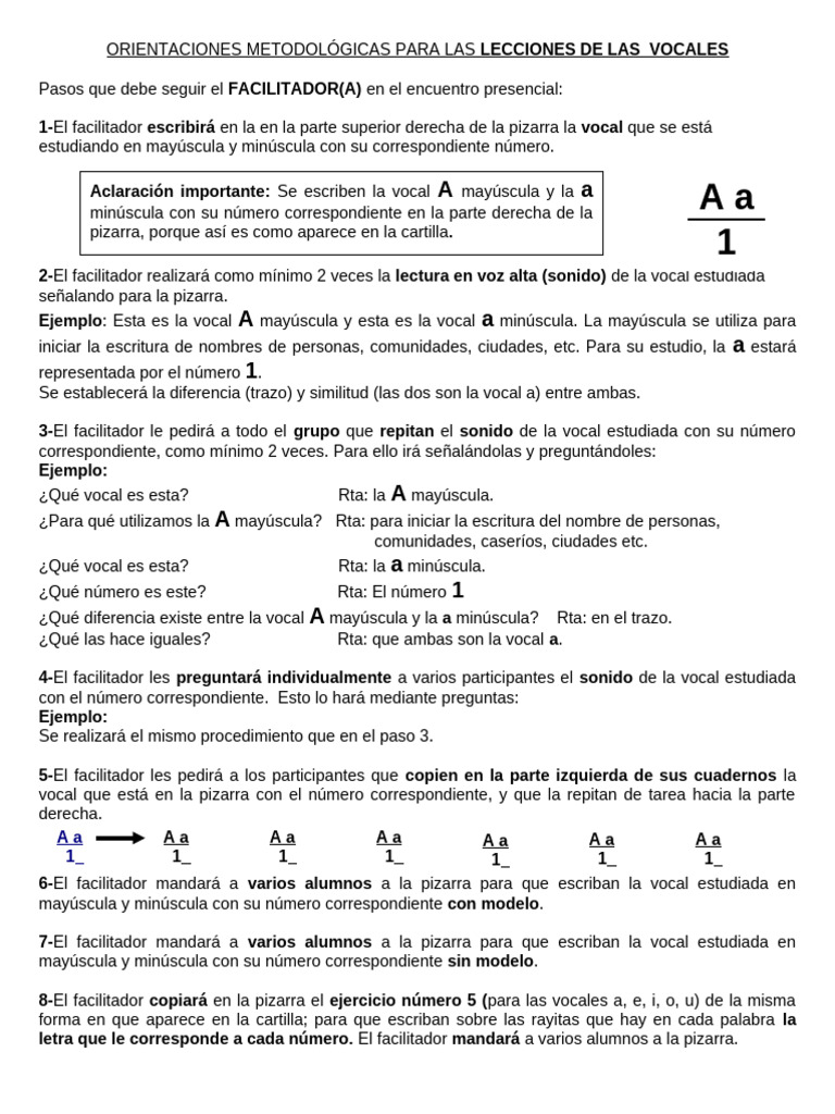 16-Orientaciones Metodol Gicas para Las Lecciones de Las Vocales 2 | PDF | Caso de carta | Escritura