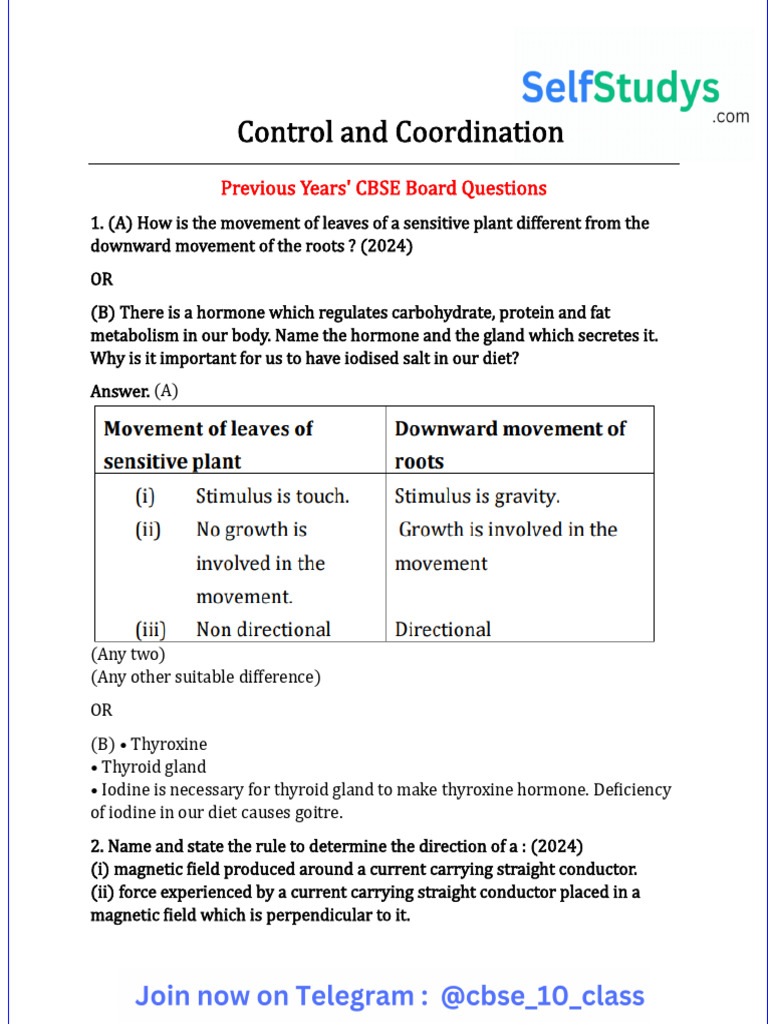 Control and Coordination 10 Class Pyq | PDF | Thyroid Stimulating Hormone | Auxin