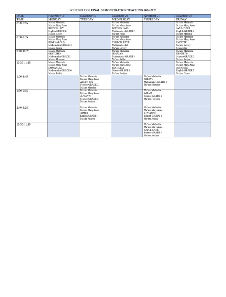 Schedule of Final Demonstration Teaching 2024 | PDF