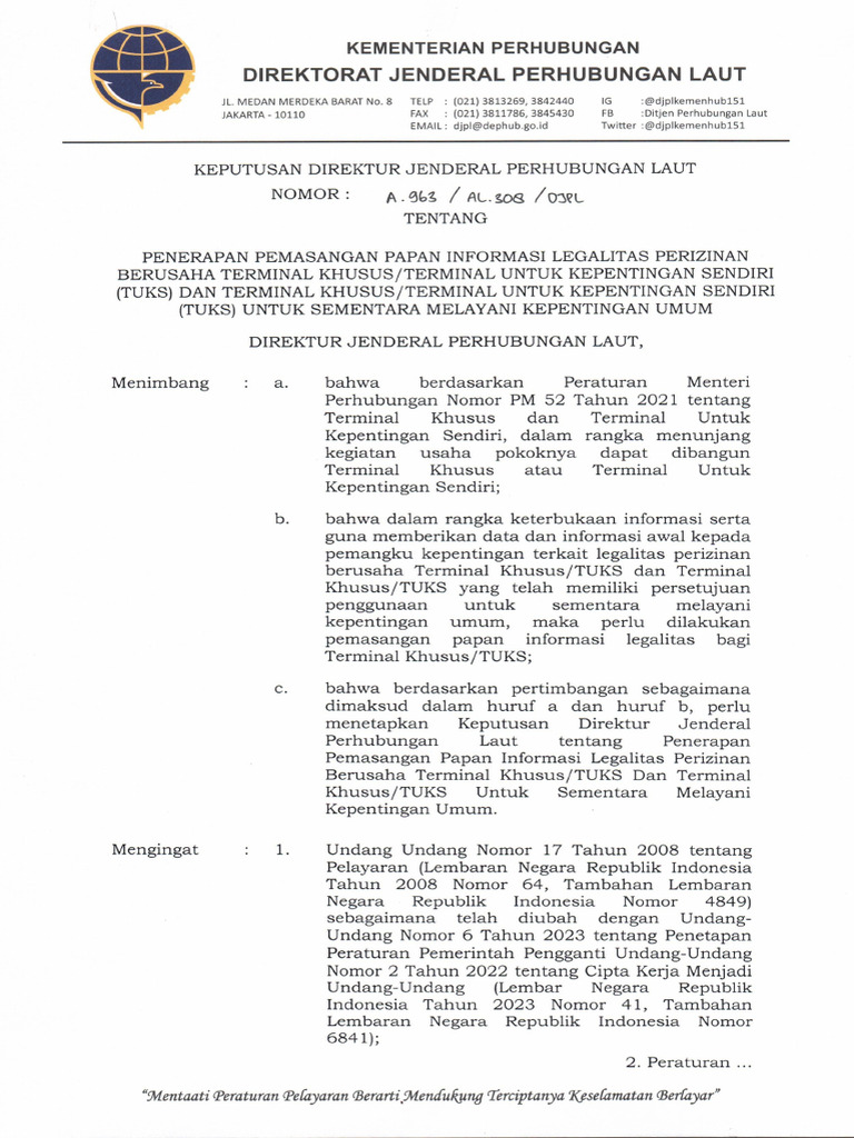 SK Penerapan Pemasangan Papan Informasi Legalitas Perizinan Berusaha Tersus Dan TUKS | PDF