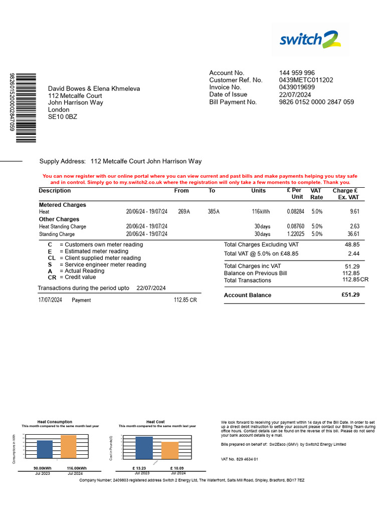 Per Unit VAT Rate Charge Ex. Vat Units To From Description Metered ...