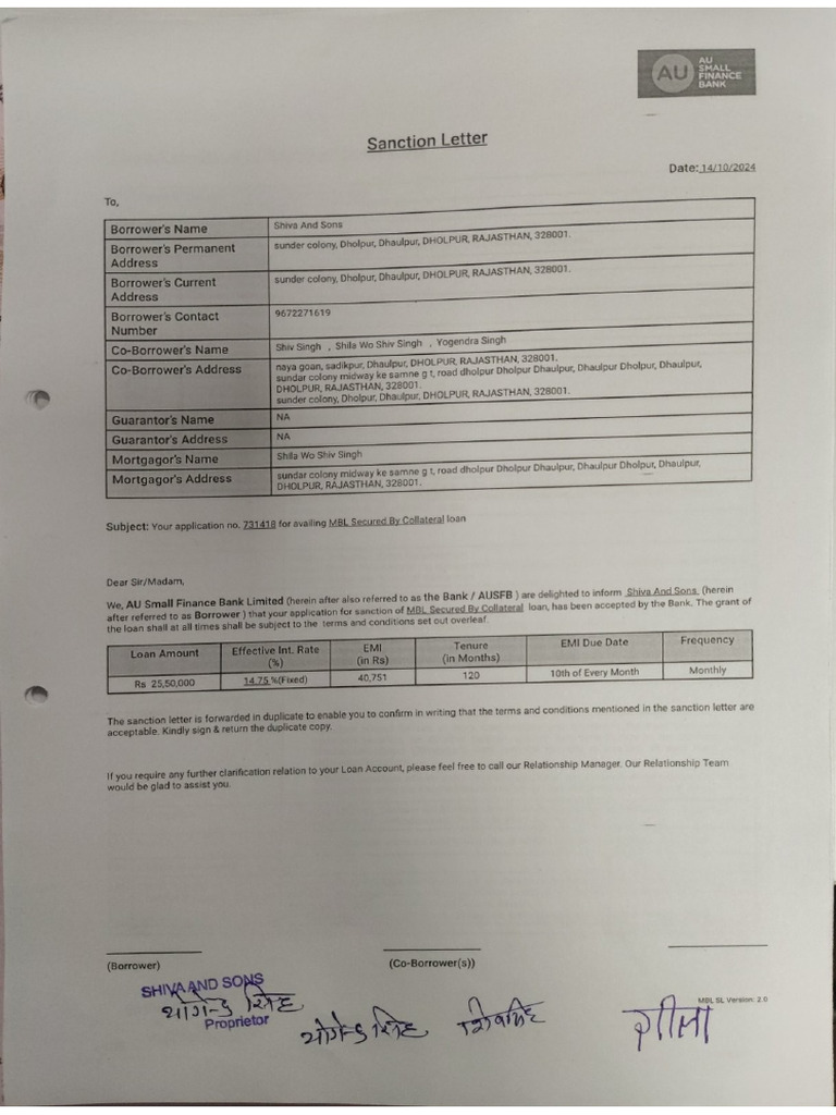 sanction letter Shiva | PDF