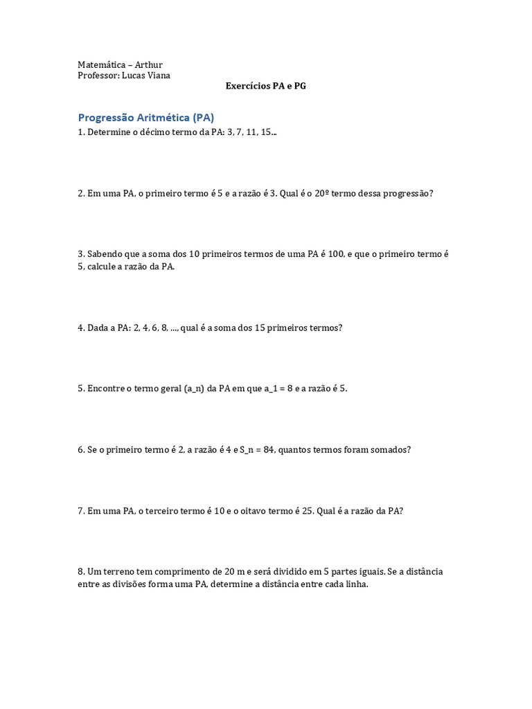 Exercícios PA e PG - Arthur 08.10 | PDF