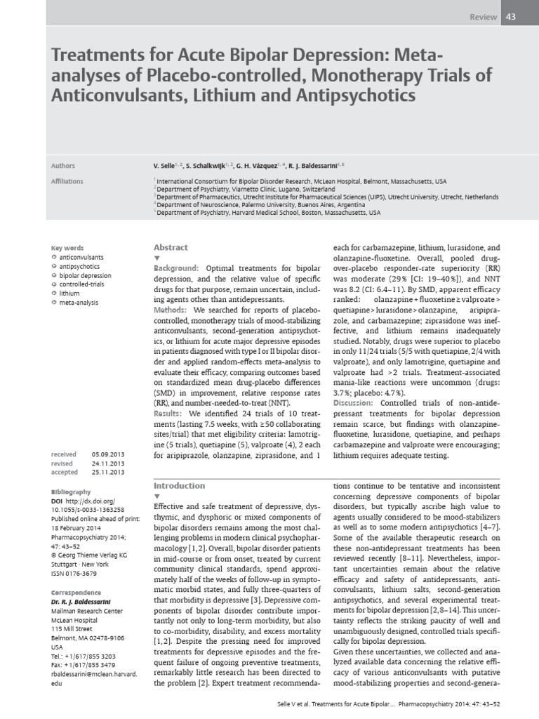 Treatments For Acute Bipolar Depression: Meta - Analyses of Placebo-Controlled, Monotherapy ...