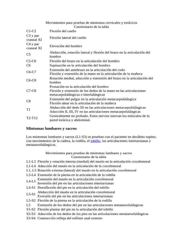 Movimientos para Pruebas de Miotomas Cervicales y Torácicos | PDF ...