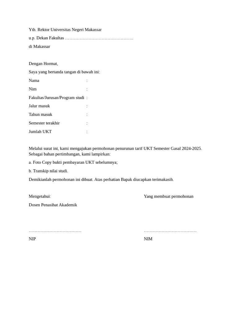 Surat Permohonan Penurunan UKT | PDF