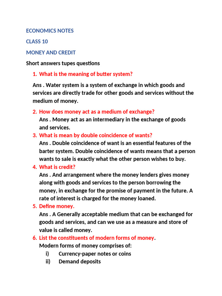 CL 10 Eco Notes - Money and Credit | PDF | Money | Loans